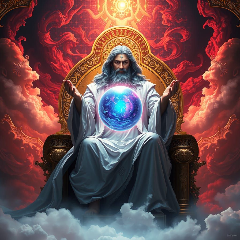 Ethereal God Presents Radiant Sphere Amidst Majest... - AI Art