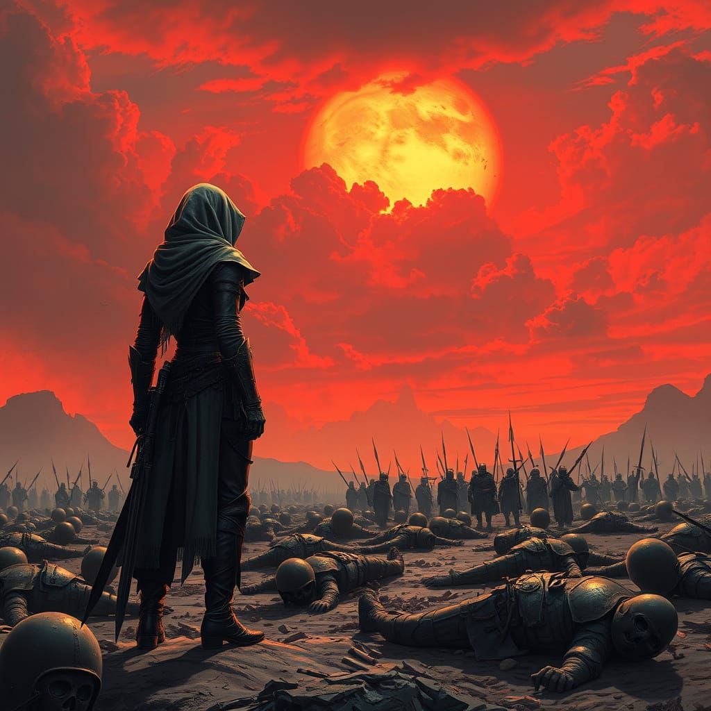 Back view of an assassin woman on a battle field covered by corpses ...