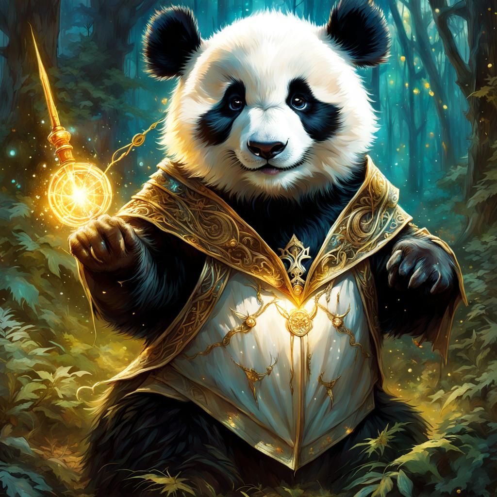 detailed supercute baby_Wizard_panda casting a spell with a wand in an ...