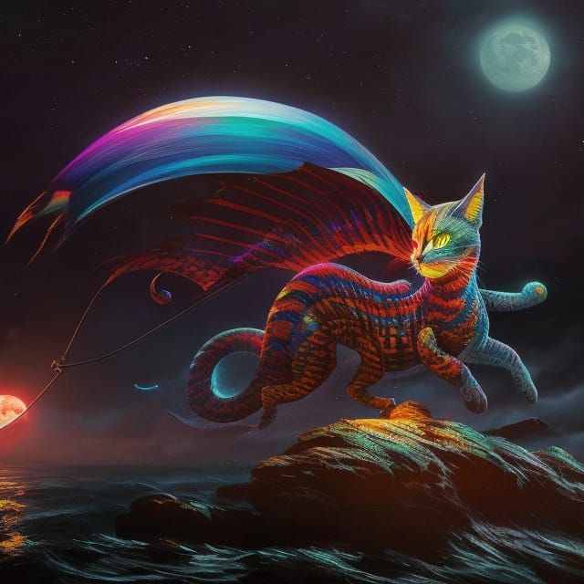 Insanely detailed photograph of a Huge Glowing Striped Magic DragonCat ...