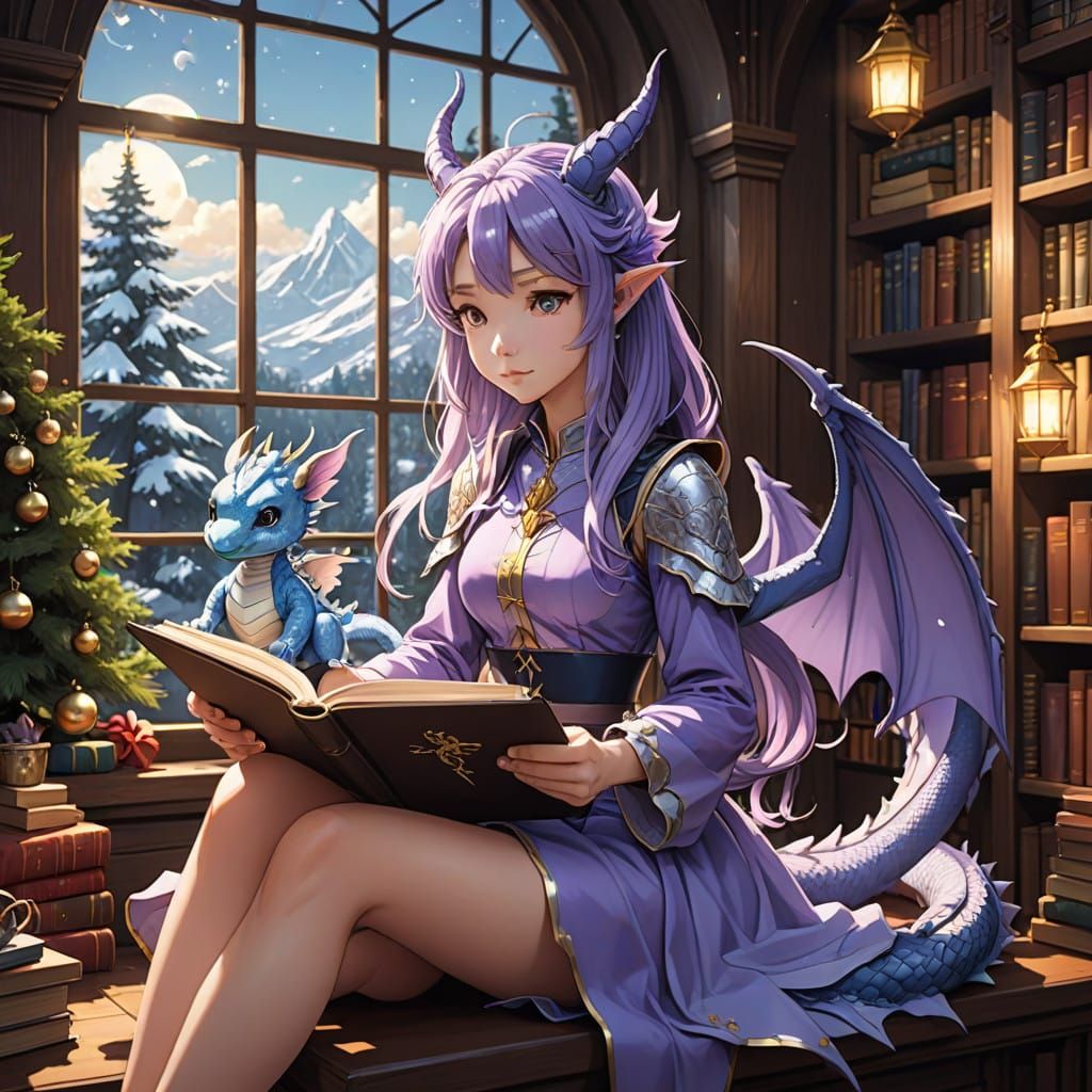 Lavender Dragon Girl Reads in Winter Wonderland Li... - AI Art