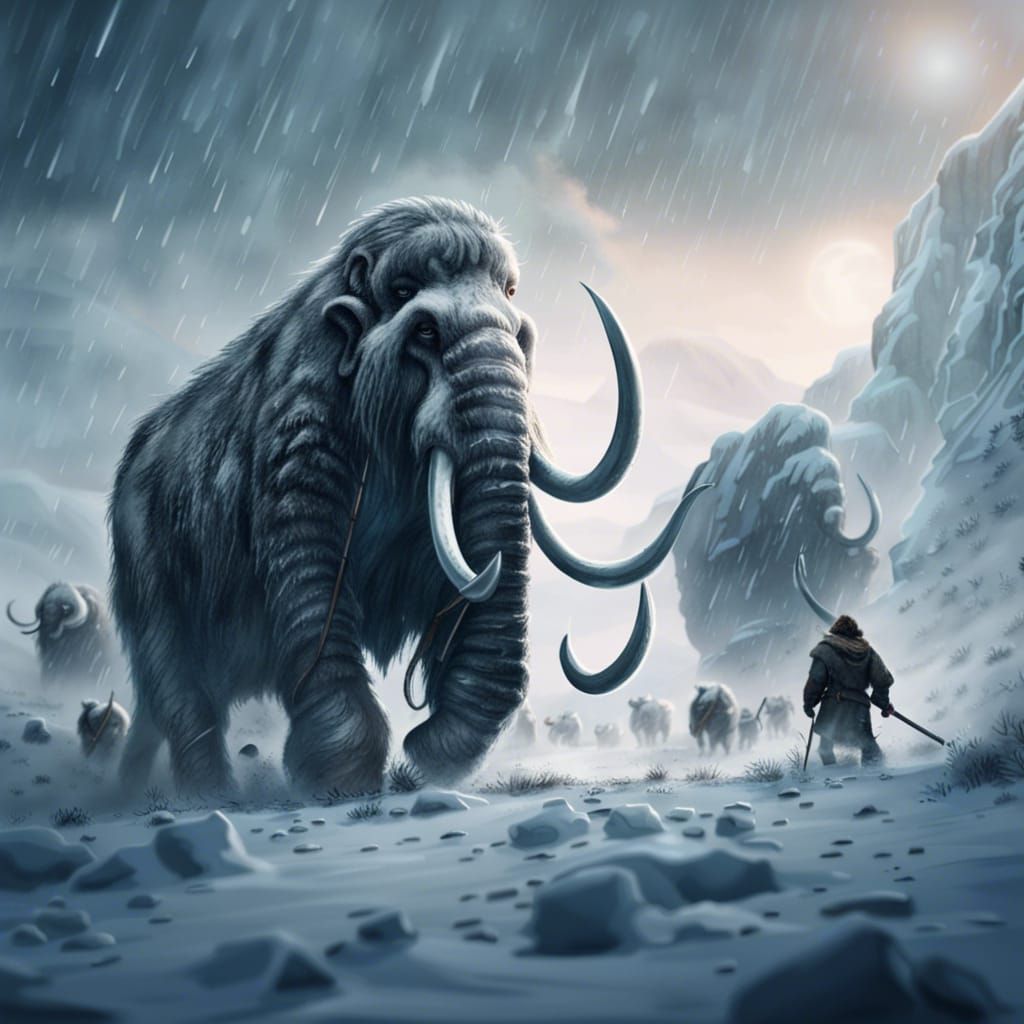 A human tribe armed with spears hunts a woolly mammoth during a snow ...