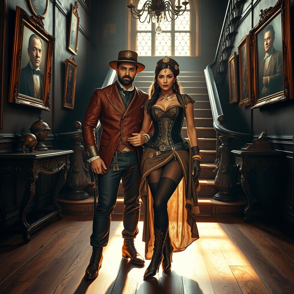 The Family Home - Elegant Steampunk Couple in Opulent Manor