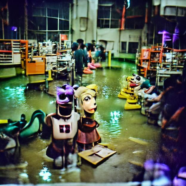 flooded animatronics factory at night, Fujifilm R100 - AI Generated ...