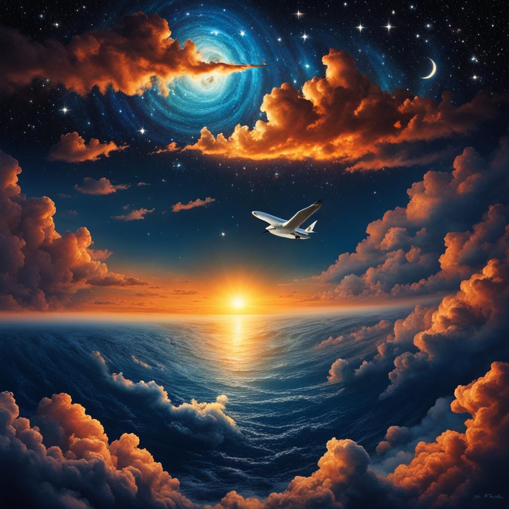 Sto volando nell'universo, guardo il mare sotto di me, il cielo brilla ...