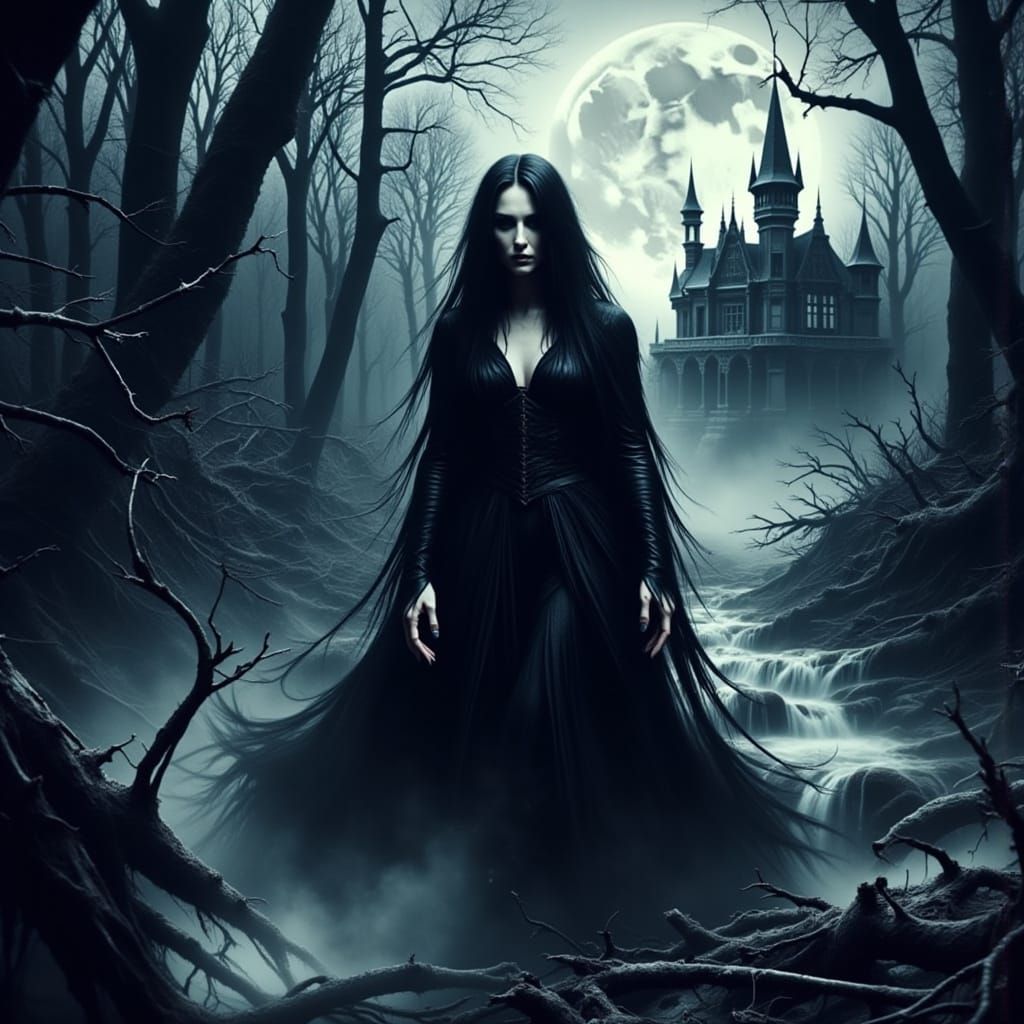 Gothic Witch Emerges from Waterfall under Full Moo... - AI Art