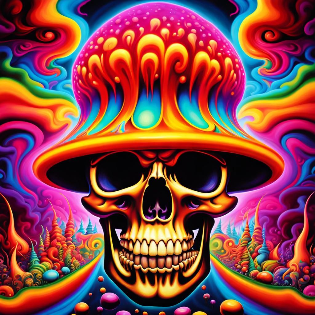 Psychedelic Mushroom cloud laughing skull peering out from the flames ...