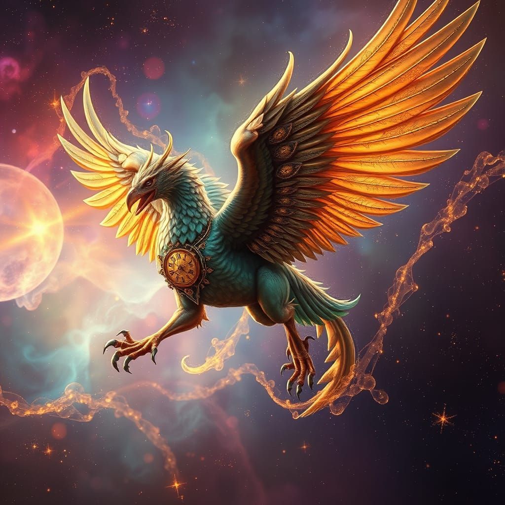A majestic steampunk griffin with clockwork wings soars through a ...