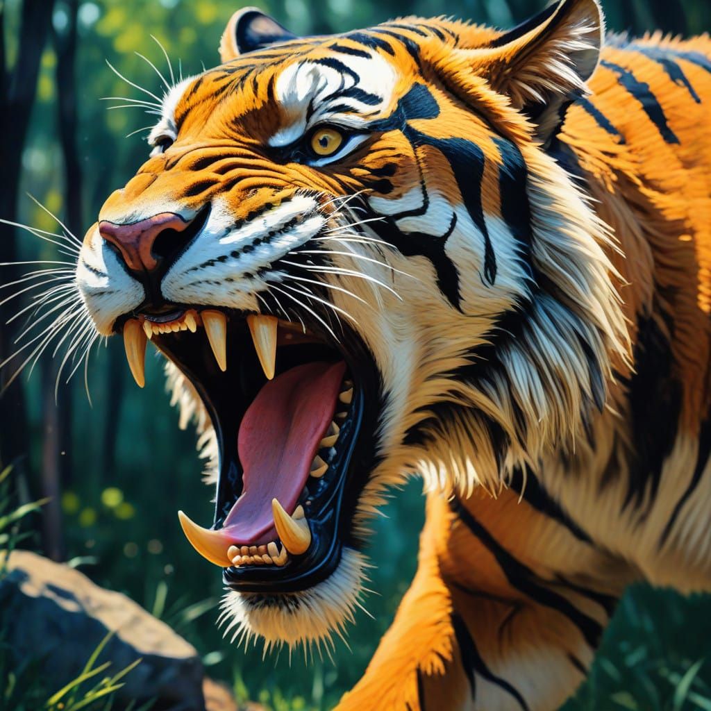 A close-up view of a saber-toothed tiger roaring in the wild, its fangs ...