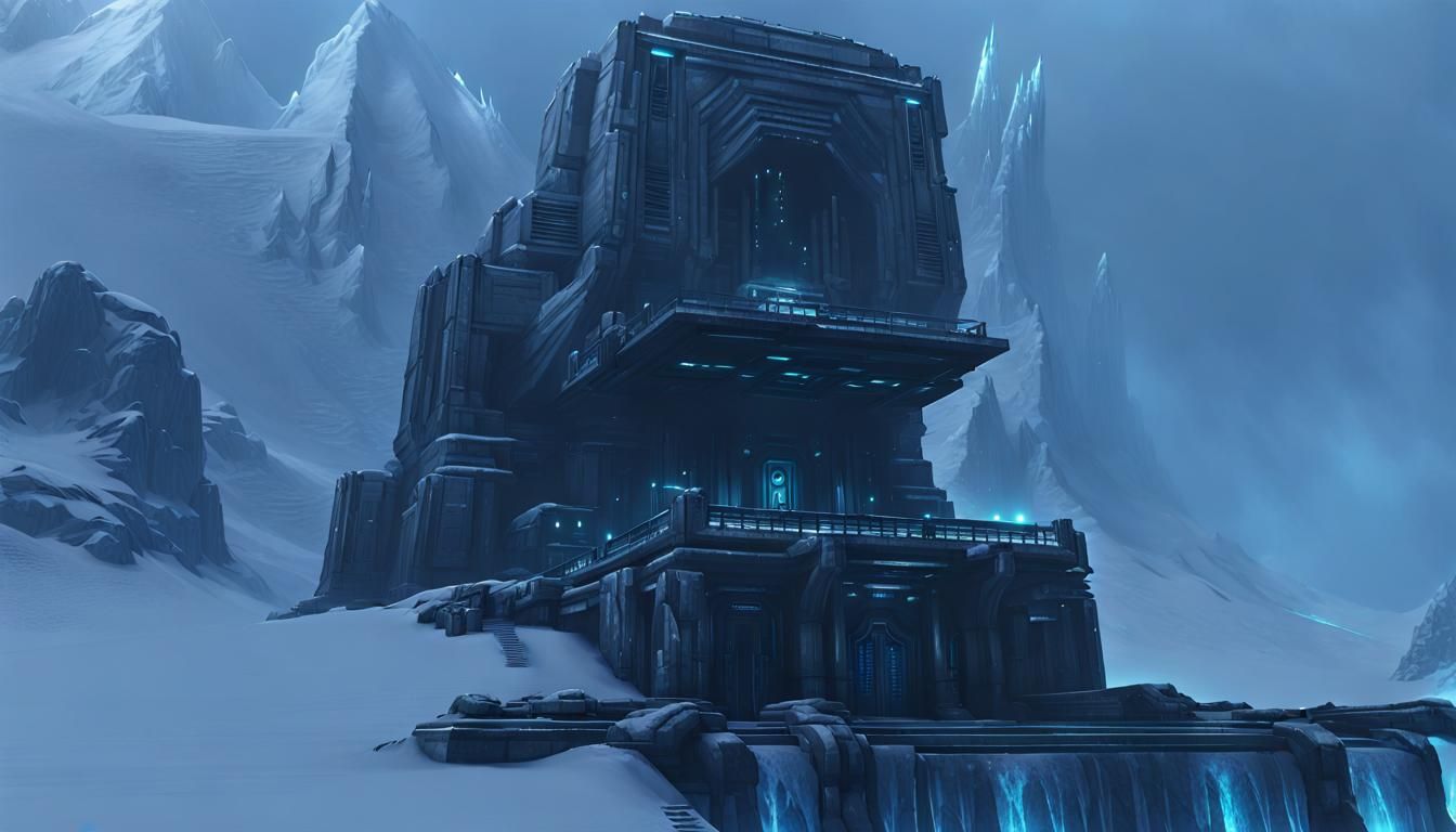 Cyberpunk sci-fi temple built deep into frozen mountain on alien winter ...