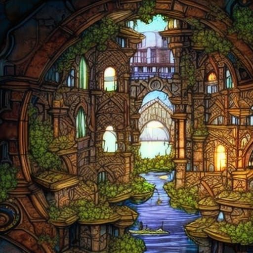 Subterranean underground cave cavern overgrown steampunk stained glass ...