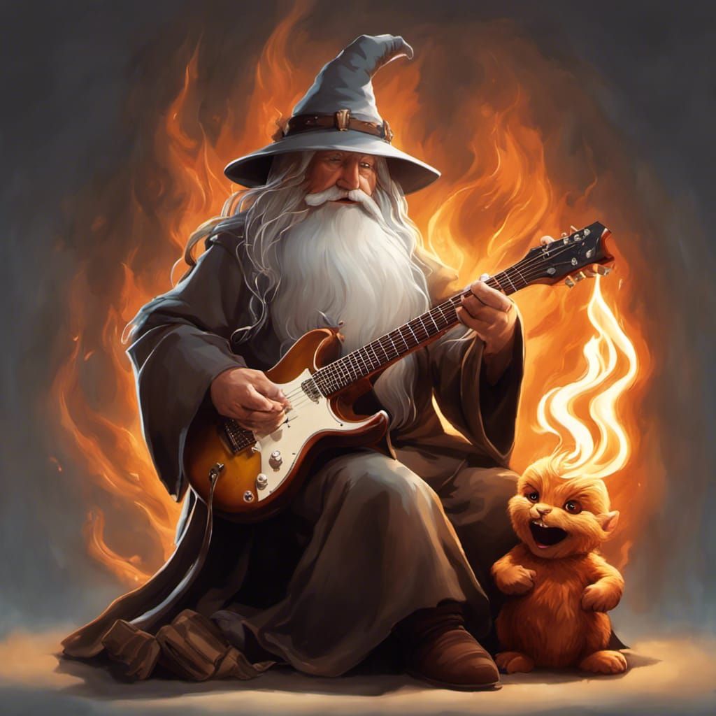Gandalf playing electric guitar with a cute baby Balrog - AI Generated ...