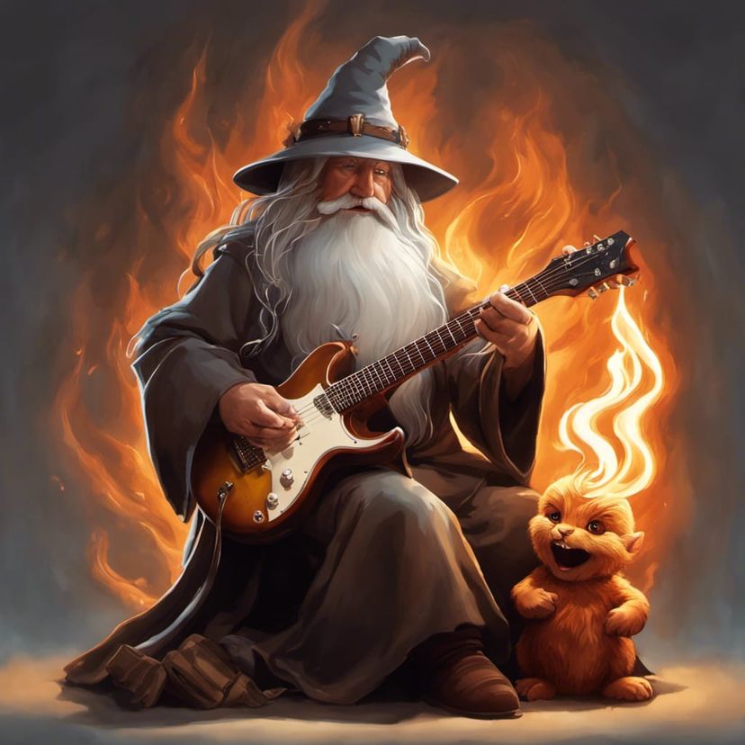 Gandalf playing electric guitar with a cute baby Balrog - AI Generated ...