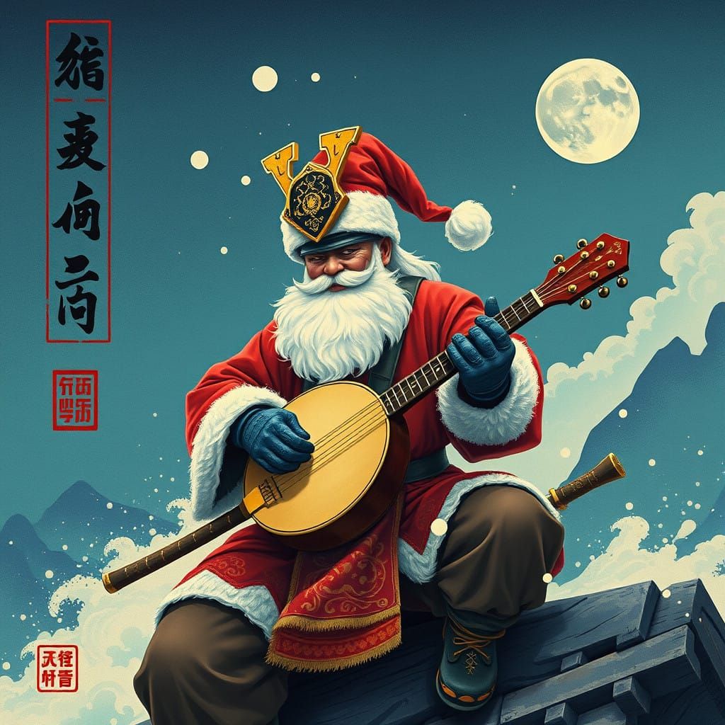 Samurai Santa in Harmonious Splendor as Banjo Art - AI Art
