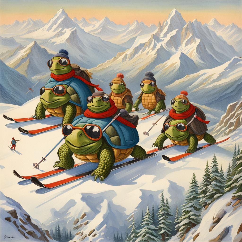 Anthropomorphic Turtles skiing down the Swiss alps - AI Generated ...