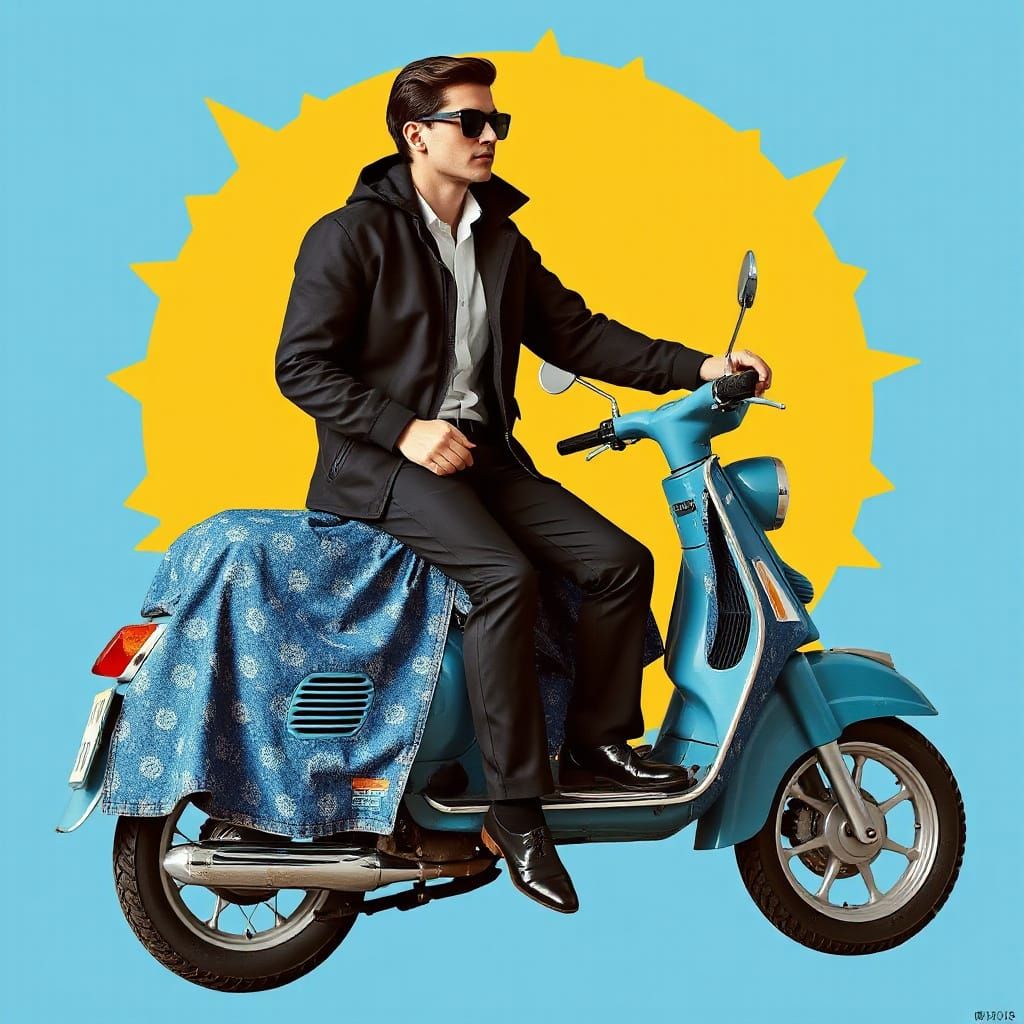 Mod wearing a parka on a mod scooter wrapped in "blue jeans" artwork