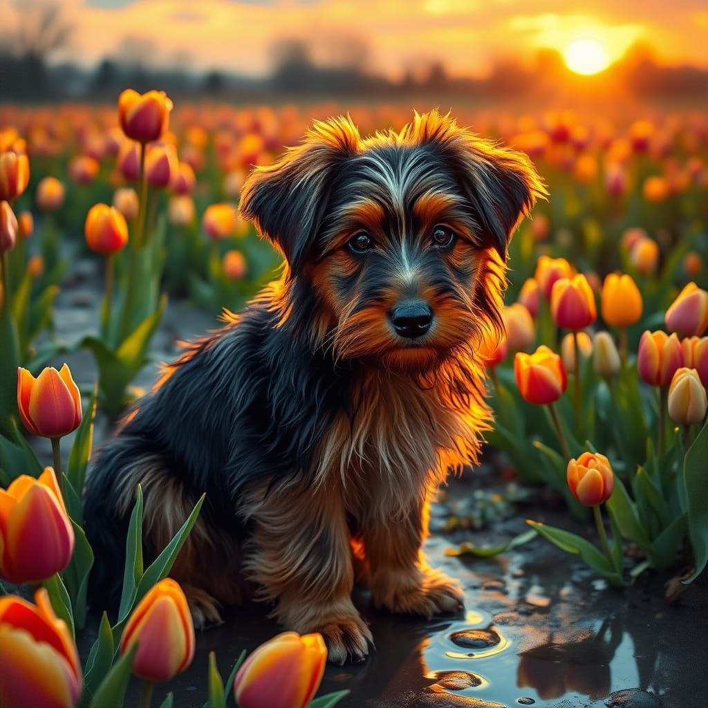Scruffy Dog in Tulip Field - Scruffy Dog in Tulip Field