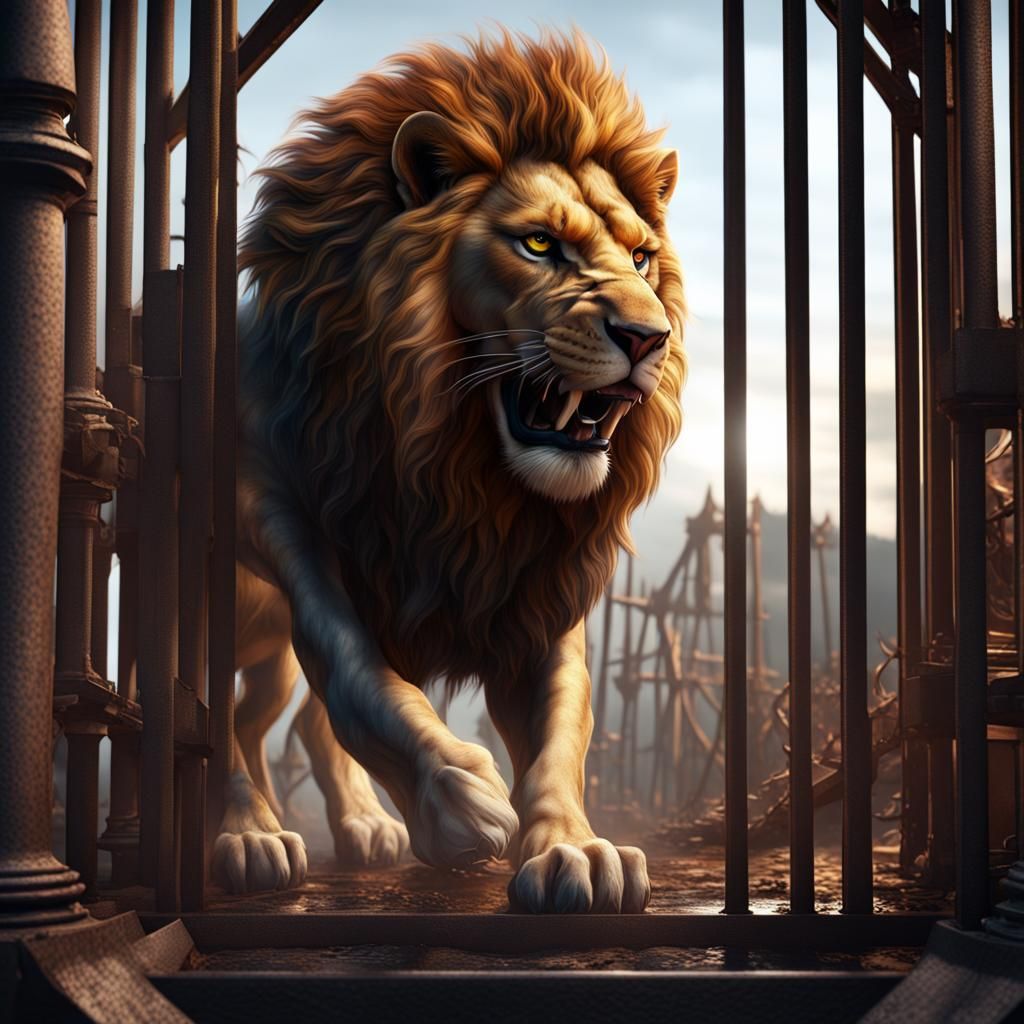 A Lion breaking through a cage - AI Generated Artwork - NightCafe Creator