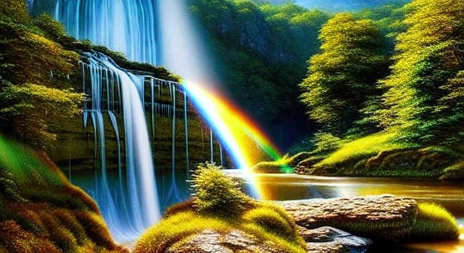 Majestic waterfalls in Elven kingdoms are struck by golden shafts of ...