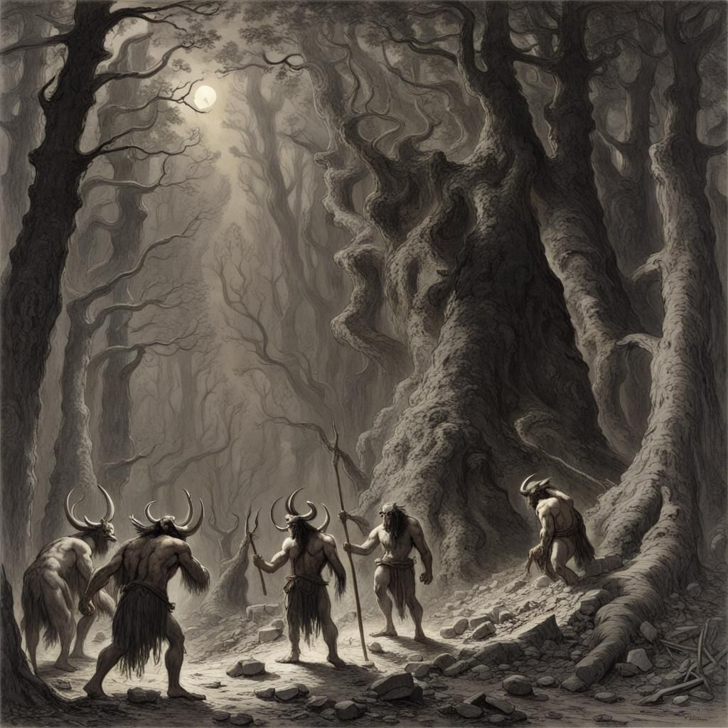 Minotaurs in a dark forest - AI Generated Artwork - NightCafe Creator
