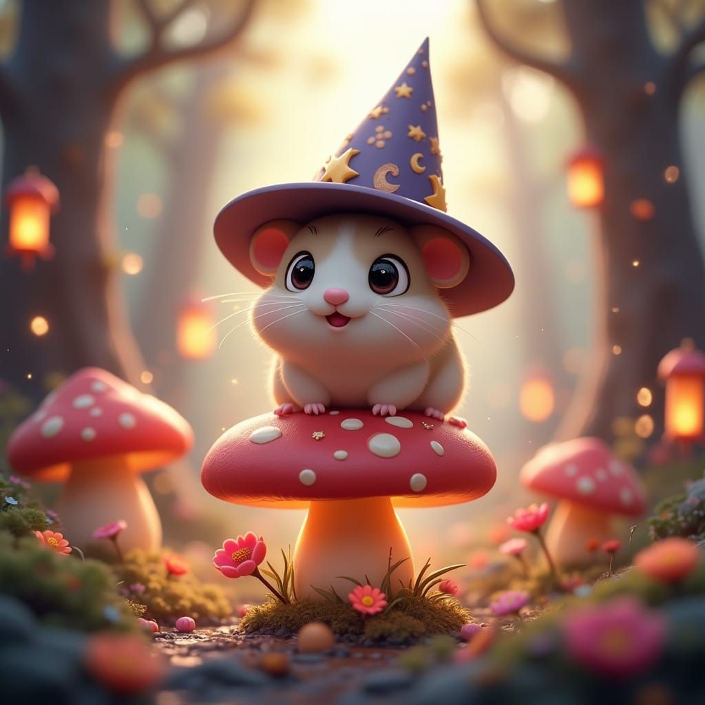 Cartoon Hamster Wizard in Magical Forest - AI Art