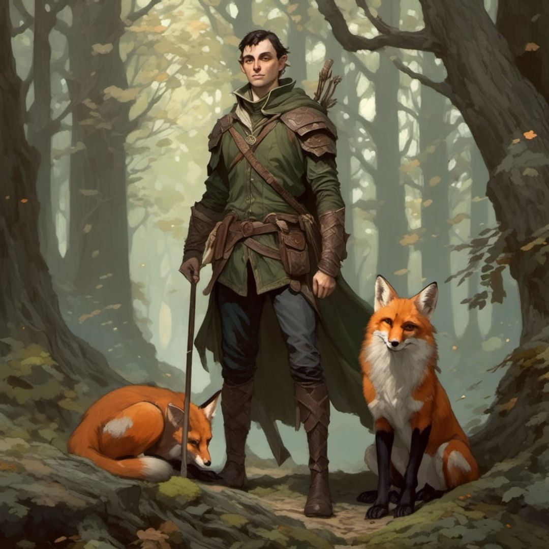 Half elf, male, ranger, muted colors, with fox pet in woods - AI ...