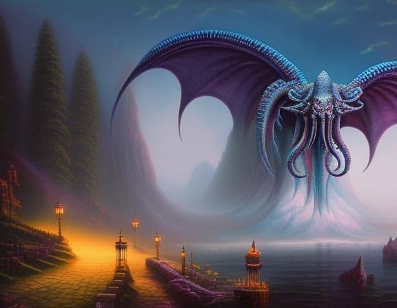 cthulhu, ethereal fantasy hyperdetailed mist Thomas Kinkade H.R. Giger ...