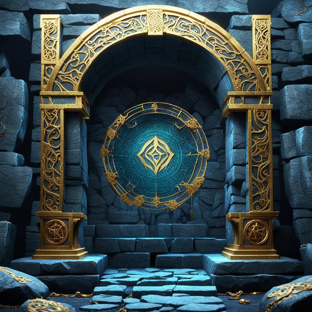 Ominous rift portal made of cut stone and gold metals covered with ...
