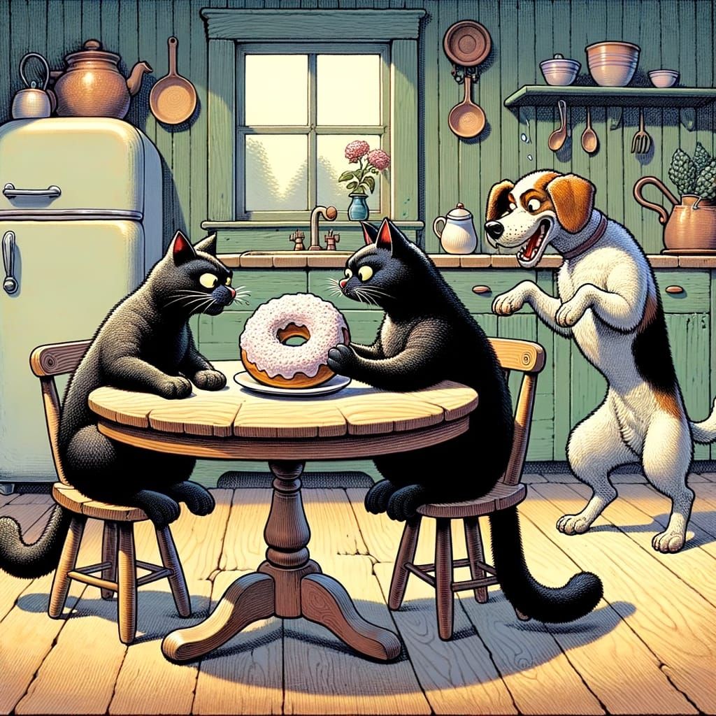 2 cats and a donut problem. - Vintage Cartoon: Cats, Dog an...