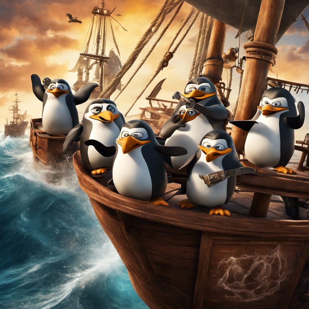 'Penguins of madagascar" dressed as a pirate and steering a ship - AI ...