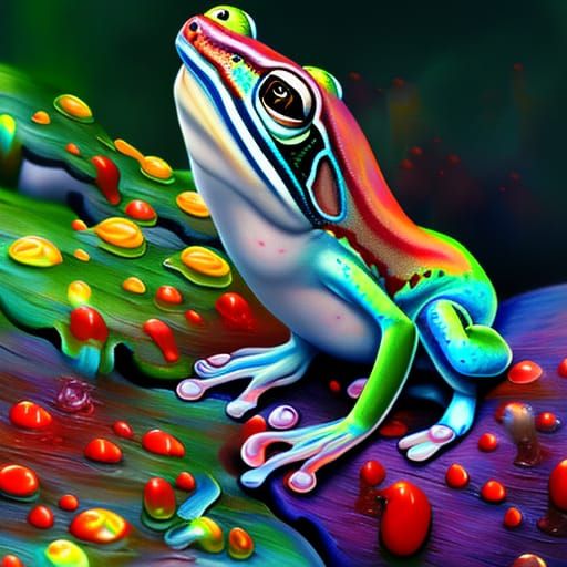 colourful frog on a drug trip, drug addicted frog, big pupil, frog ...