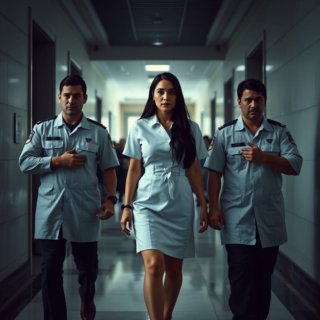 Defeated Woman Exits Courtroom, Surrounded by Impo... - AI Art