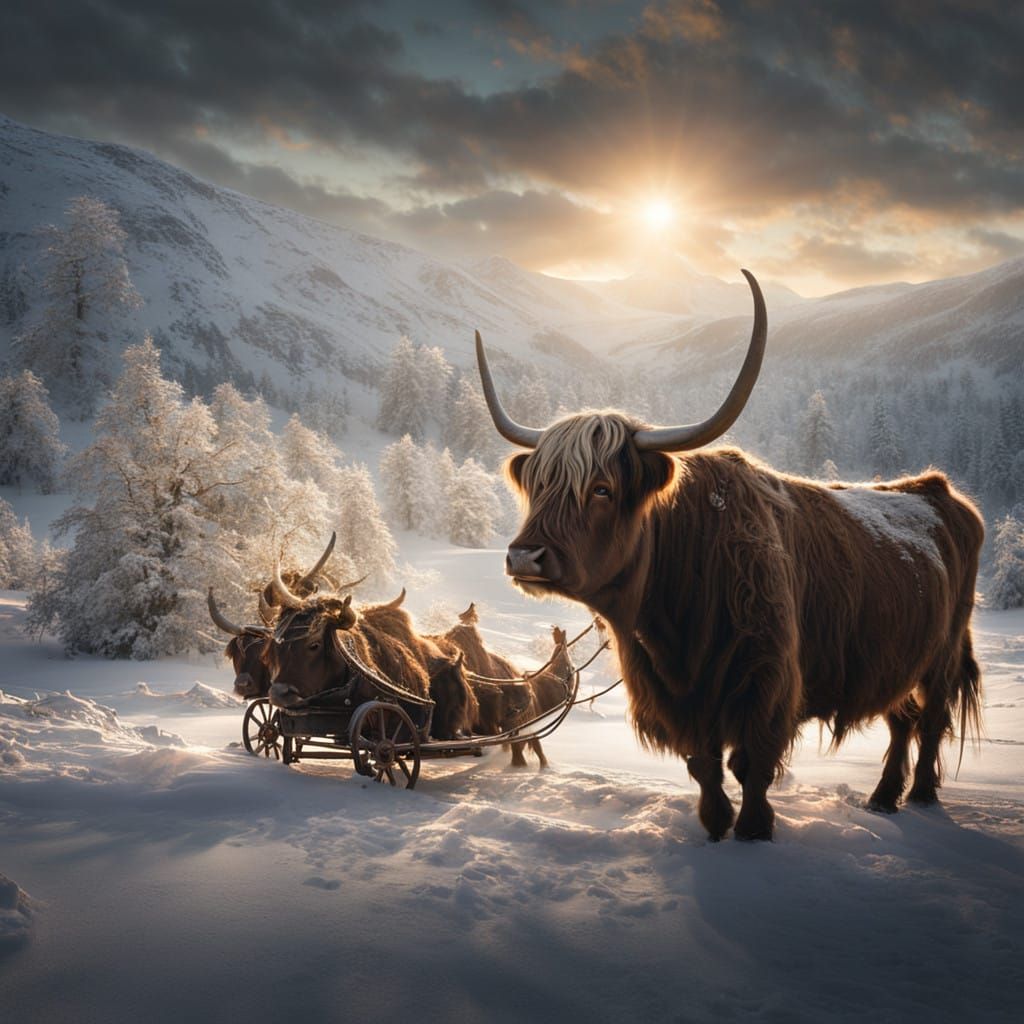 Highland Cows Pull Santa's Sleigh on Christmas Eve... - AI Art
