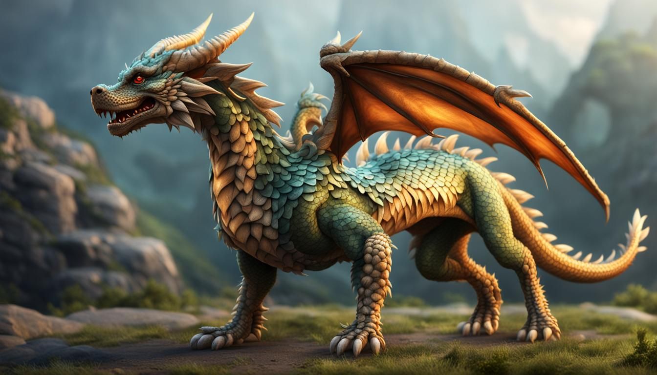 a majestic cute "Dragon Dog," a mythical pet with scales, wings, and a ...