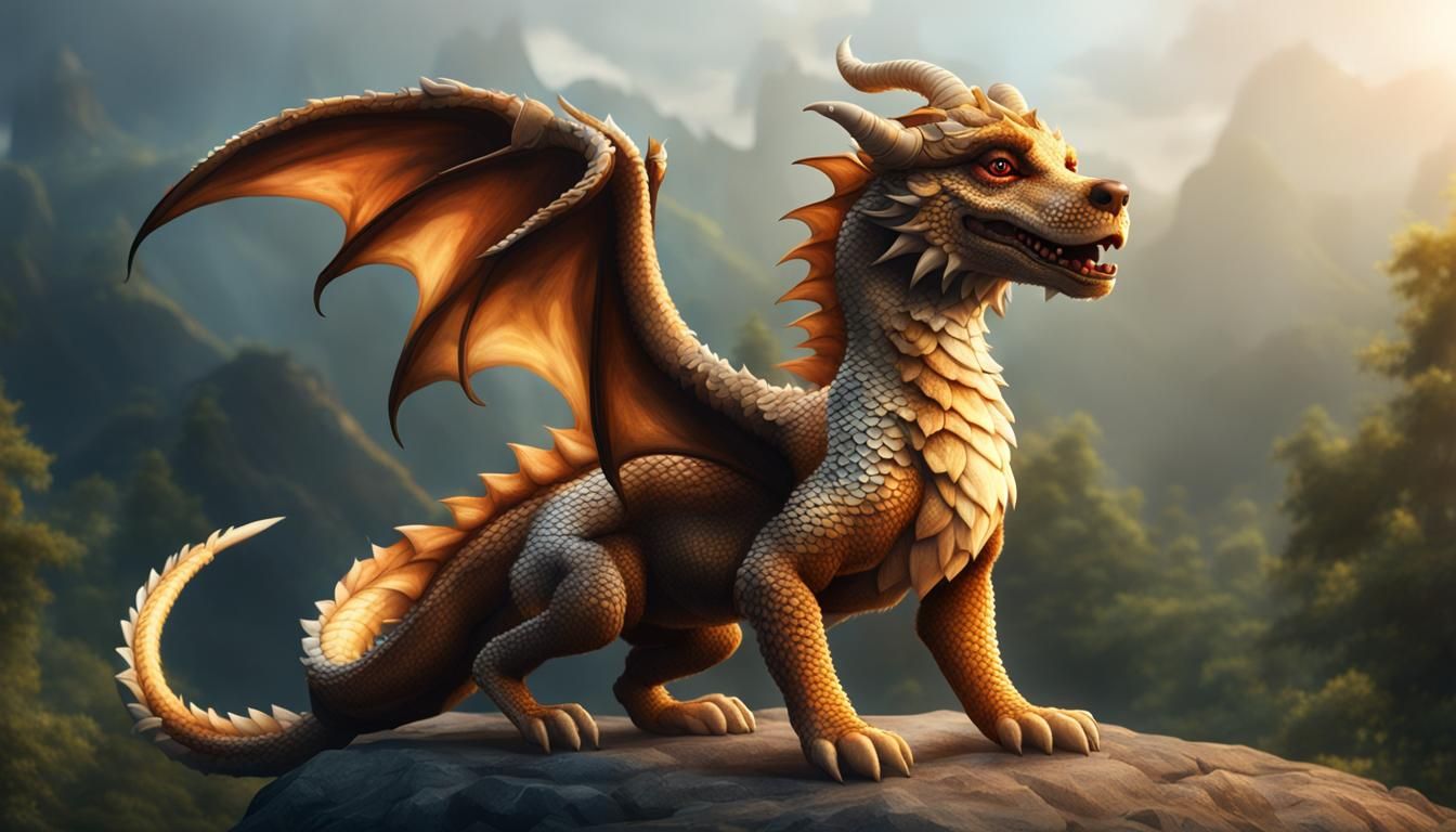 a majestic cute "Dragon Dog," a mythical pet with scales, wings, and a ...