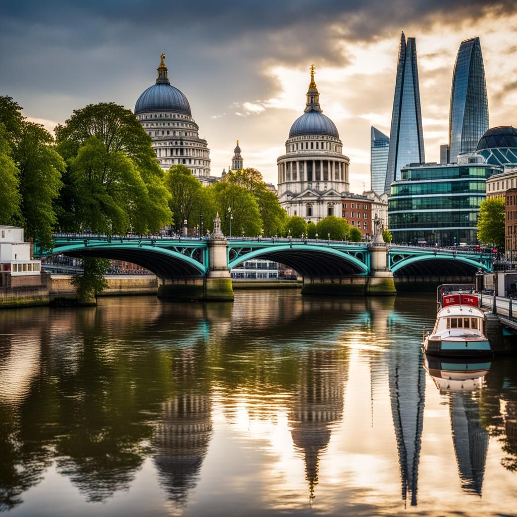 View down the River Thames in London on a bright sunny day. We can see ...