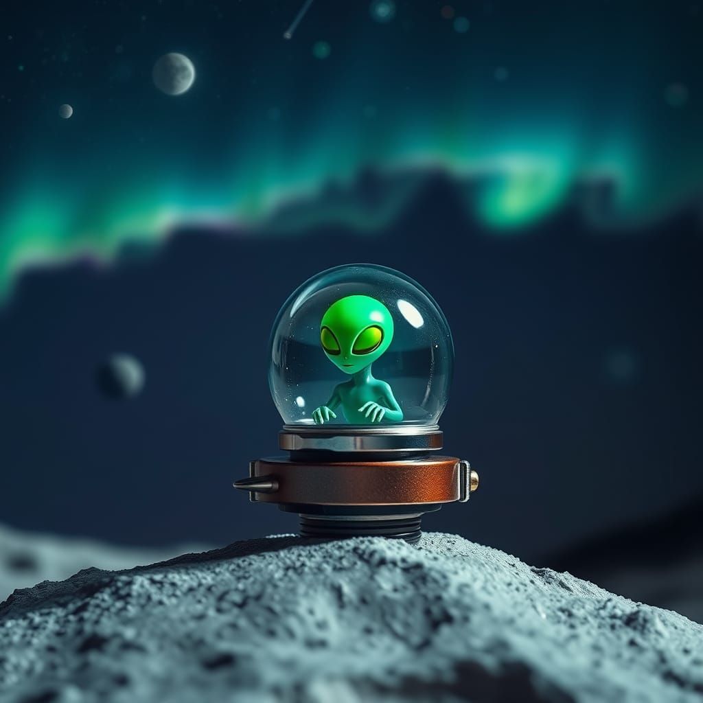 Alien Spaceship on Moon Surface, Starry Night Sky - AI Art