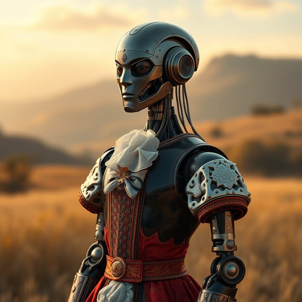 Renaissance Robot in Golden Landscape: Chiaroscuro - AI Art