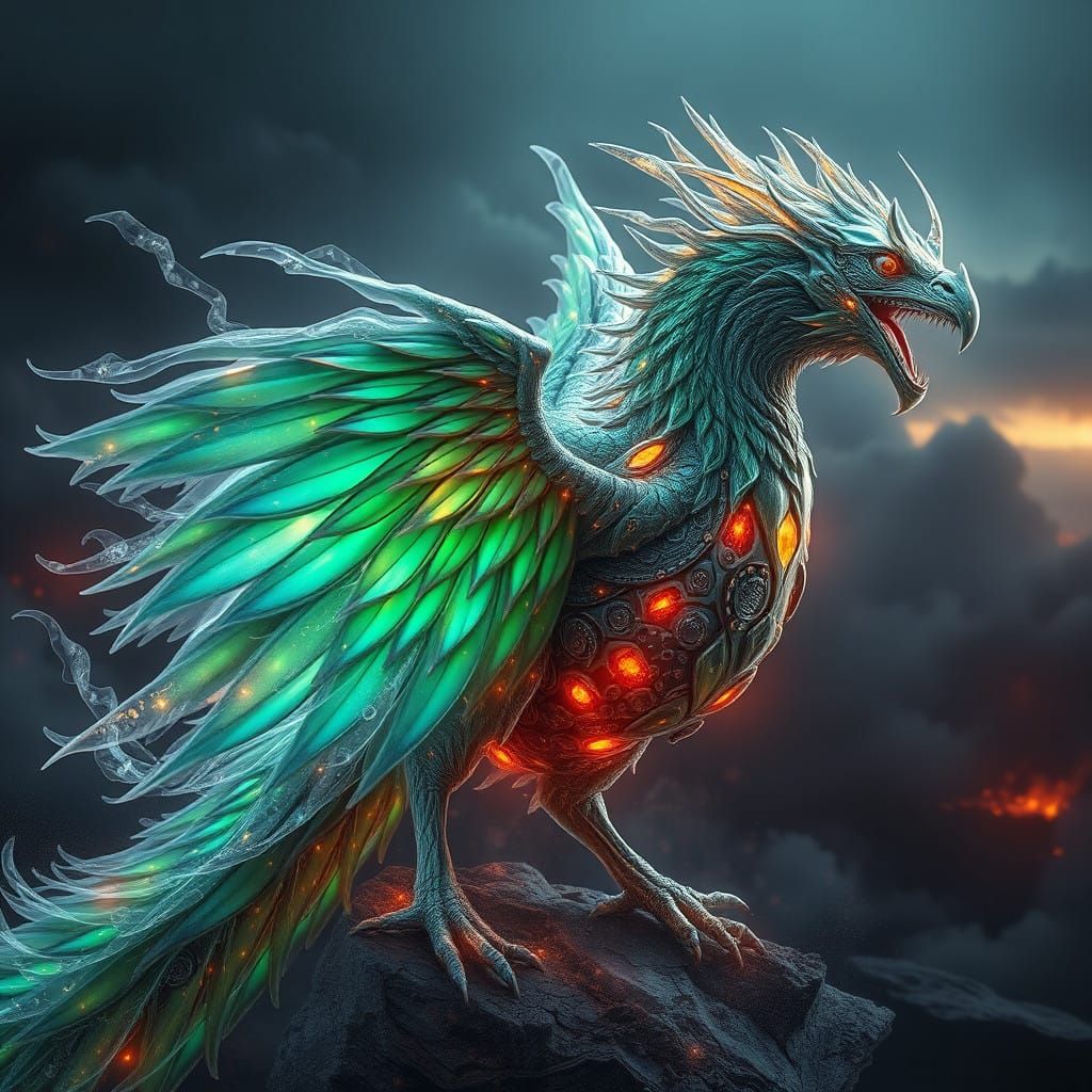 Majestic, ethereal creature with iridescent, elemental plumage ...