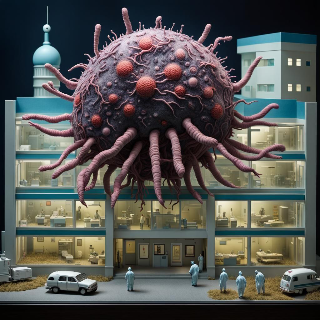 Giant Virus microbe creature looming over a miniaturized hospital ...