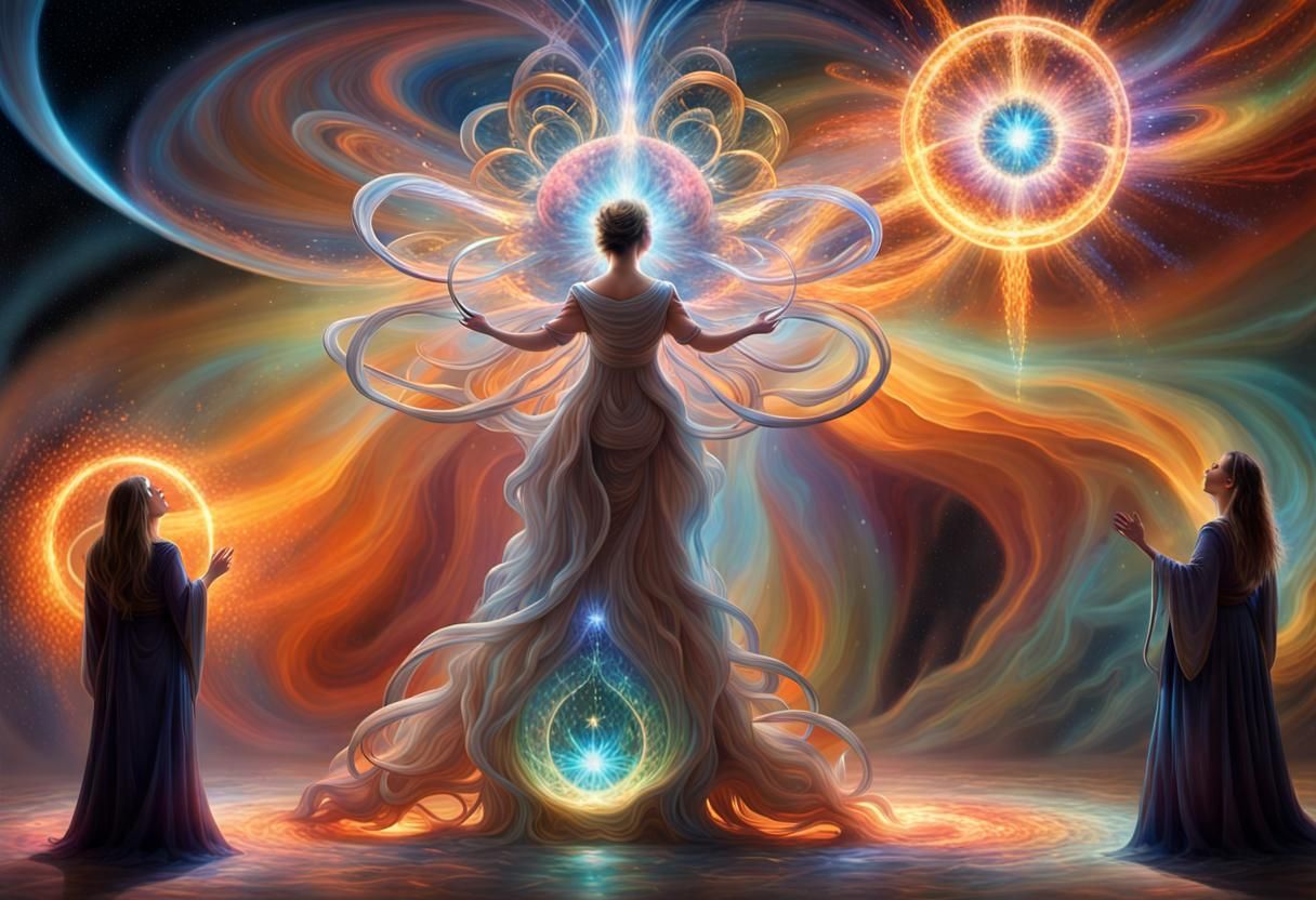 Imagine two beautiful masterpiece godlike transparent, energy beings ...