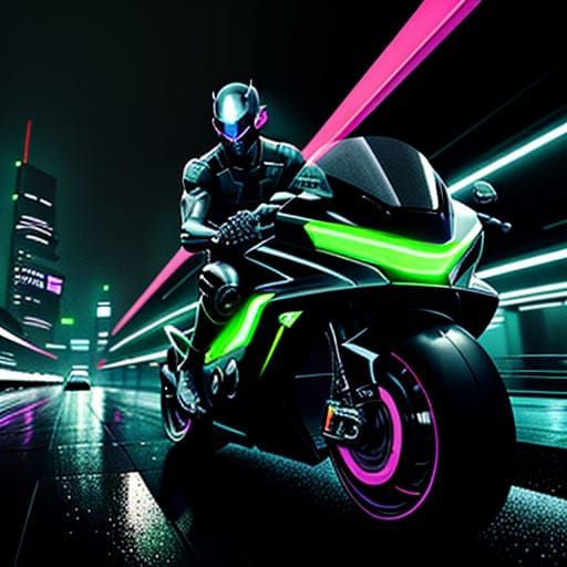 Neon Glowing Masked Rider AI - Cyberpunk Rider in Neon-Lit C...