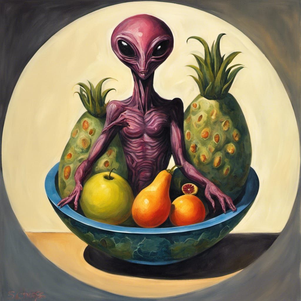 exotic alien fruit bowl sci-fi painting with strange alien fruits that ...