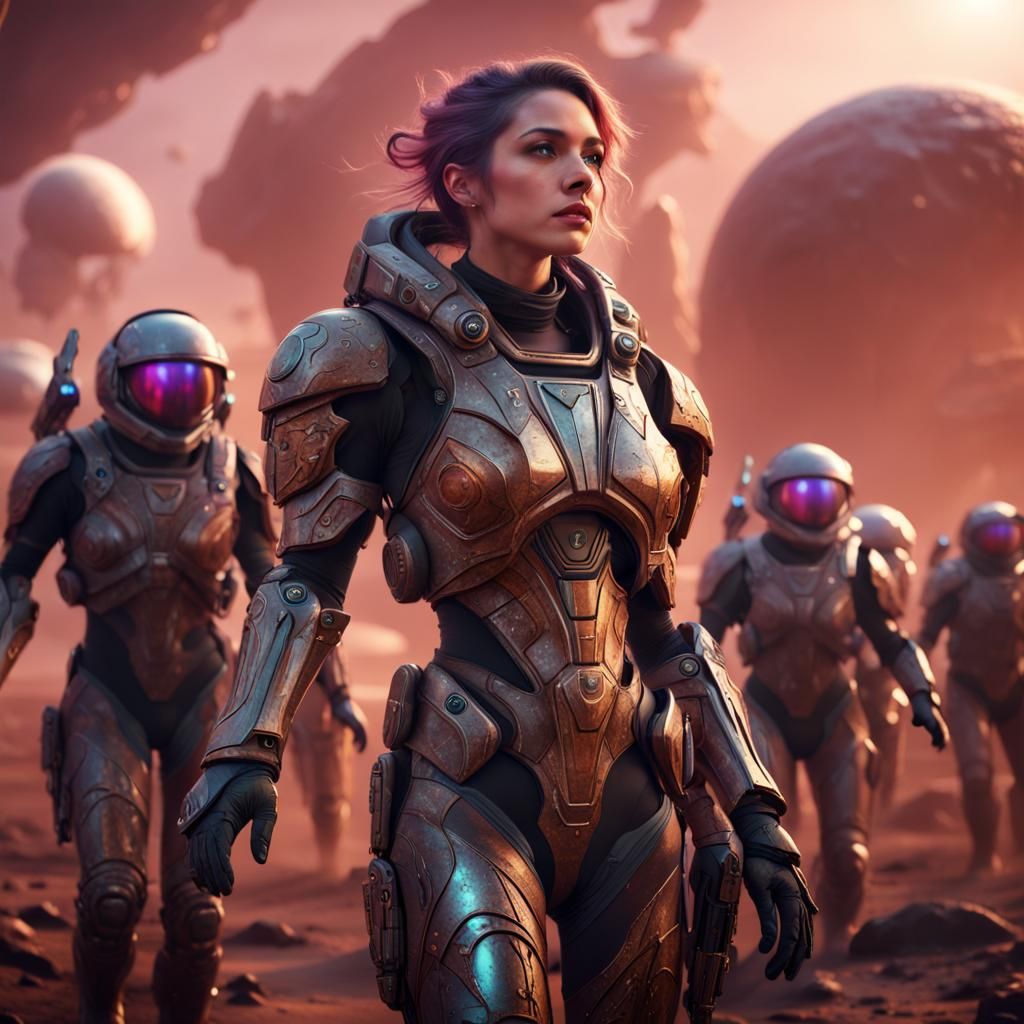 Beautiful female princesses in space combat armor walking with her ...