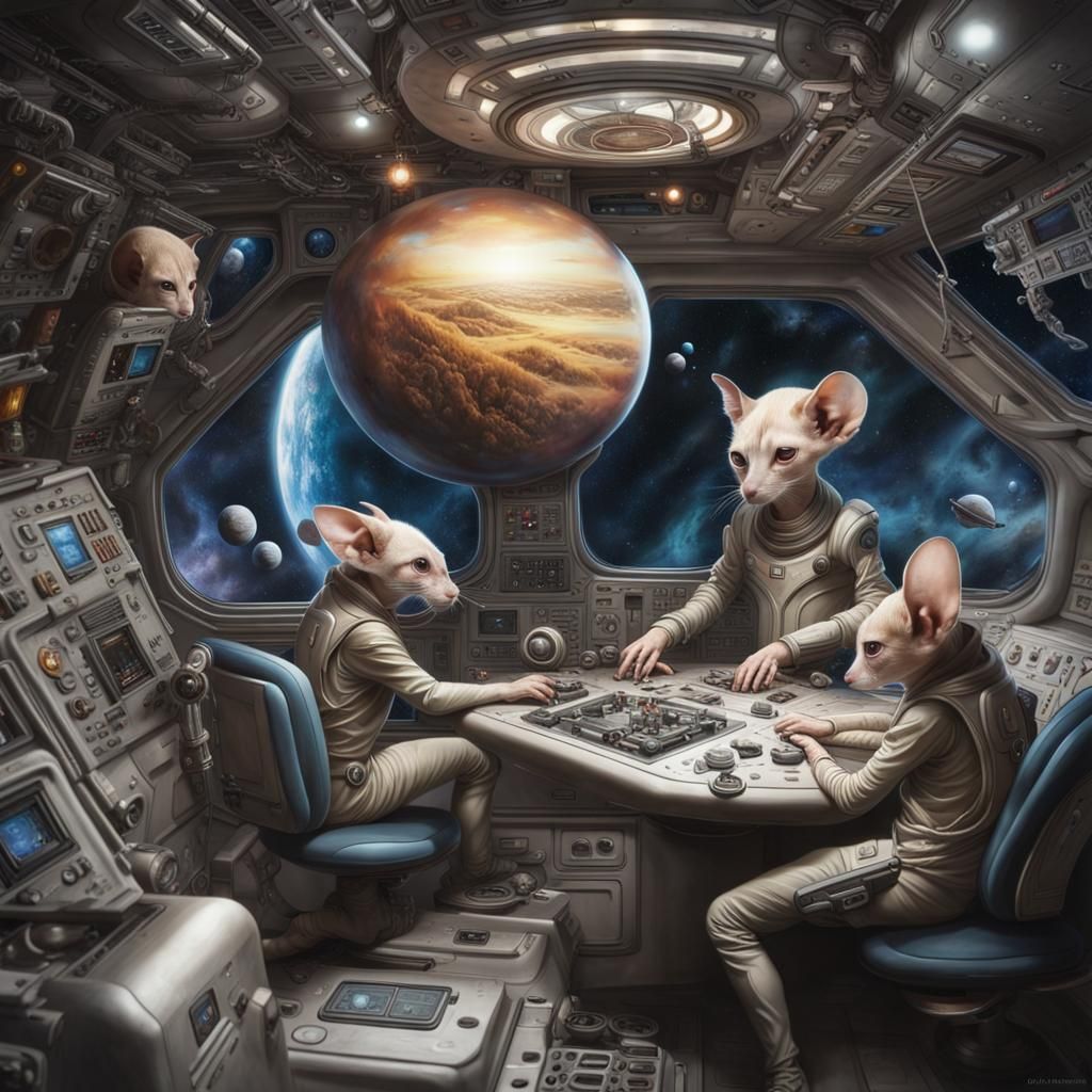 Photograph, Marco, aliens with mice at the commands in the spaceship in ...