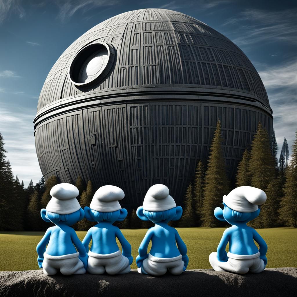 A group of smurfs looking up and the Death Star is visible in the sky ...