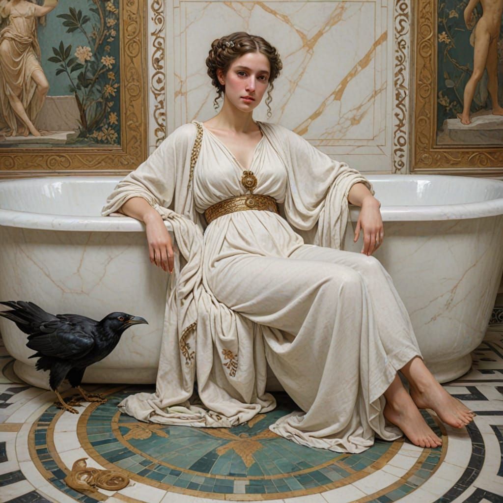 A roman lady and a bath - Elegant Roman Lady in Marble Bath,...