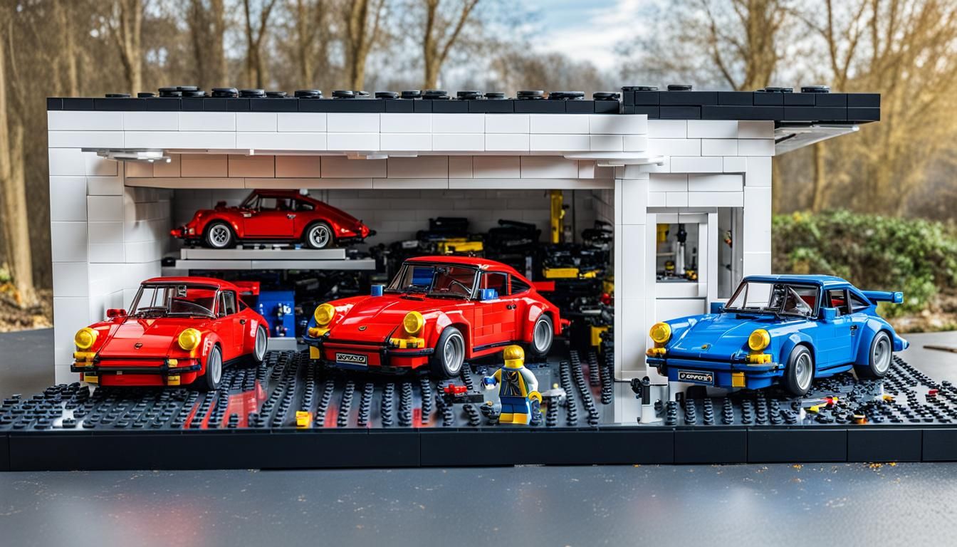 Lego garage with lego Porsche 911 on lift, 3 cars red blue and white ...