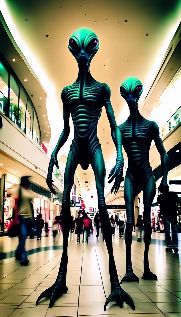 3 Tall alien creature walking in the the city mall,mobile phone camera ...