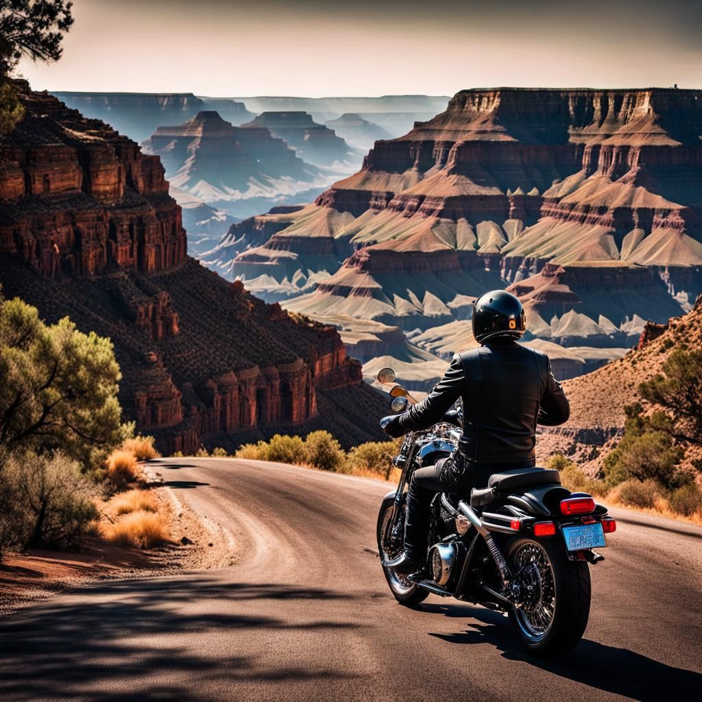 Man on a Motorcycle traveling a road through the Grand Canyon. Dressed ...